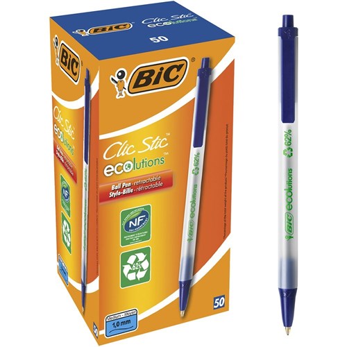 Pens - Bic Ecolutions Ballpoint Pen Clic Stic 1.0mm Medium Blue Box of 50 - Jaybel Office Choice ...