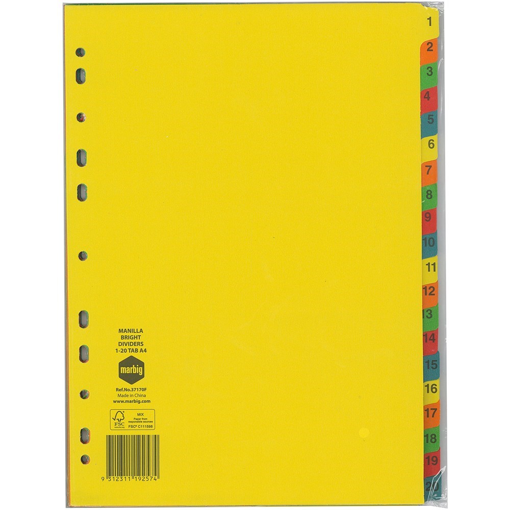 Dividers - Marbig Manilla Indices & Dividers A4 1-20 Tab Bright Colours ...