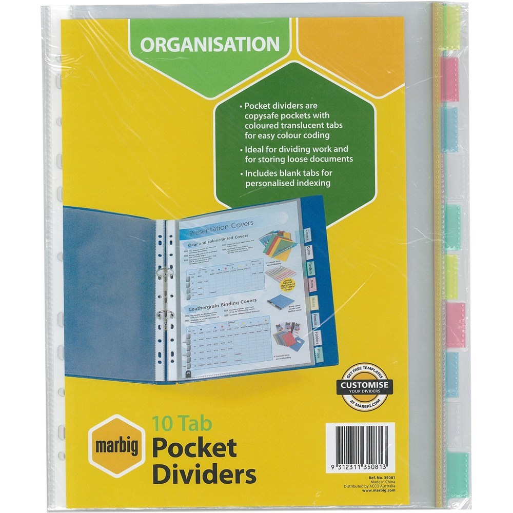 Dividers - Marbig Plastic Indices & Dividers A4 10 Tab Clear Pocket ...